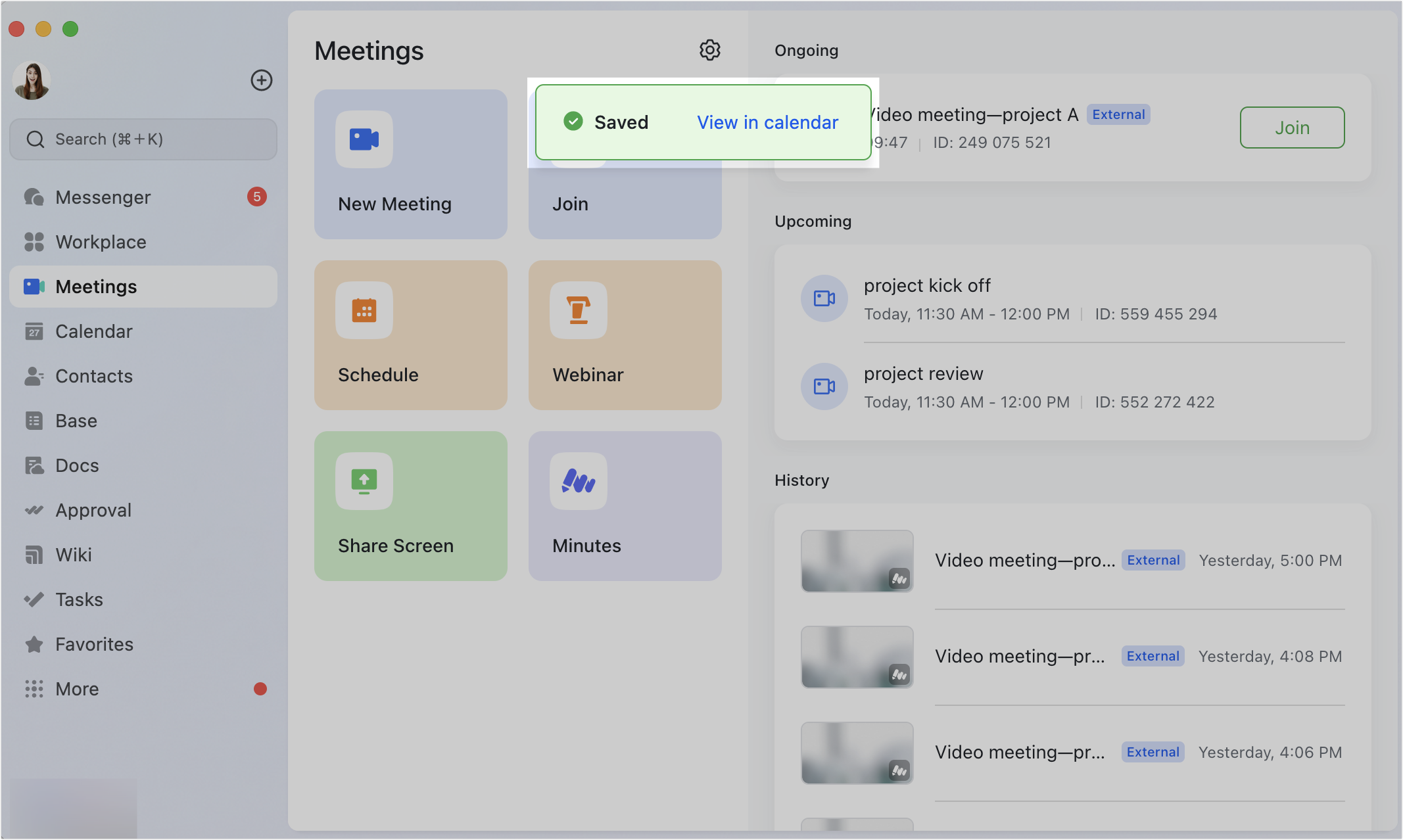 Schedule, initiate, or join meetings from the Feishu navigation bar