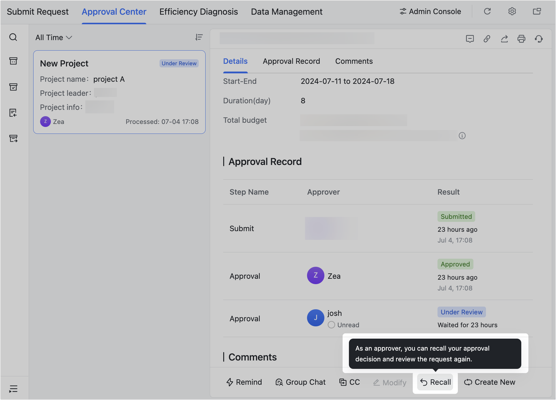 Admin | Allow approvers to recall approval decisions