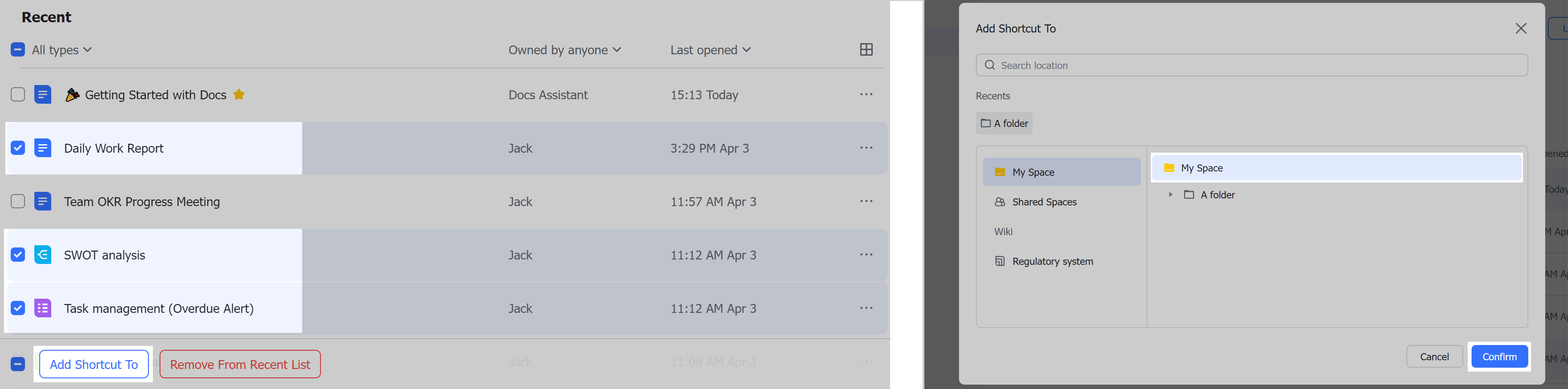 Add a document shortcut